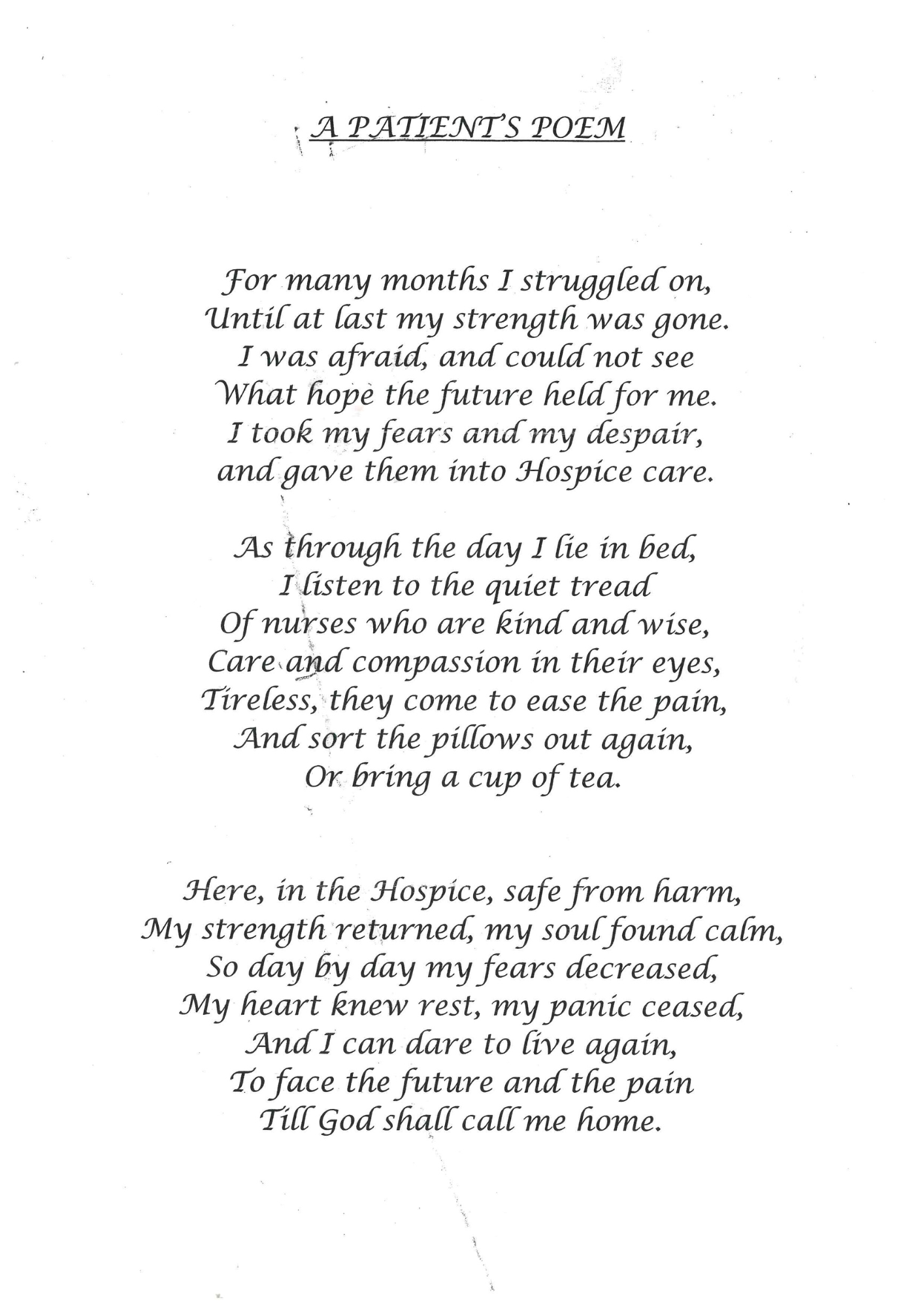 A Patient's Poem - Woking & Sam Beare Hospices